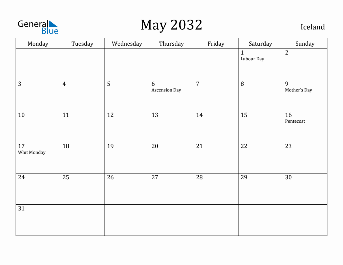 May 2032 - Iceland Monthly Calendar with Holidays