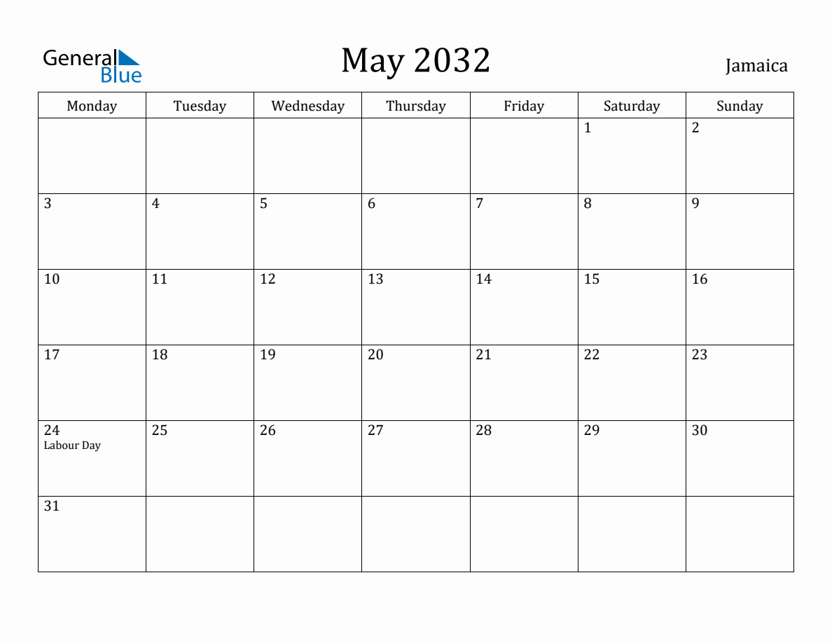 May 2032 Monthly Calendar with Jamaica Holidays (Monday Start)