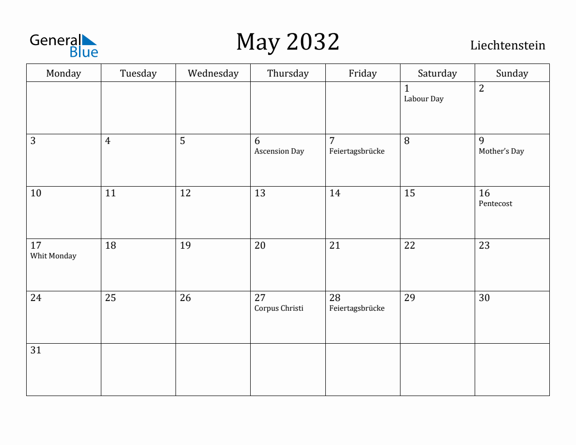 May 2032 - Liechtenstein Monthly Calendar with Holidays