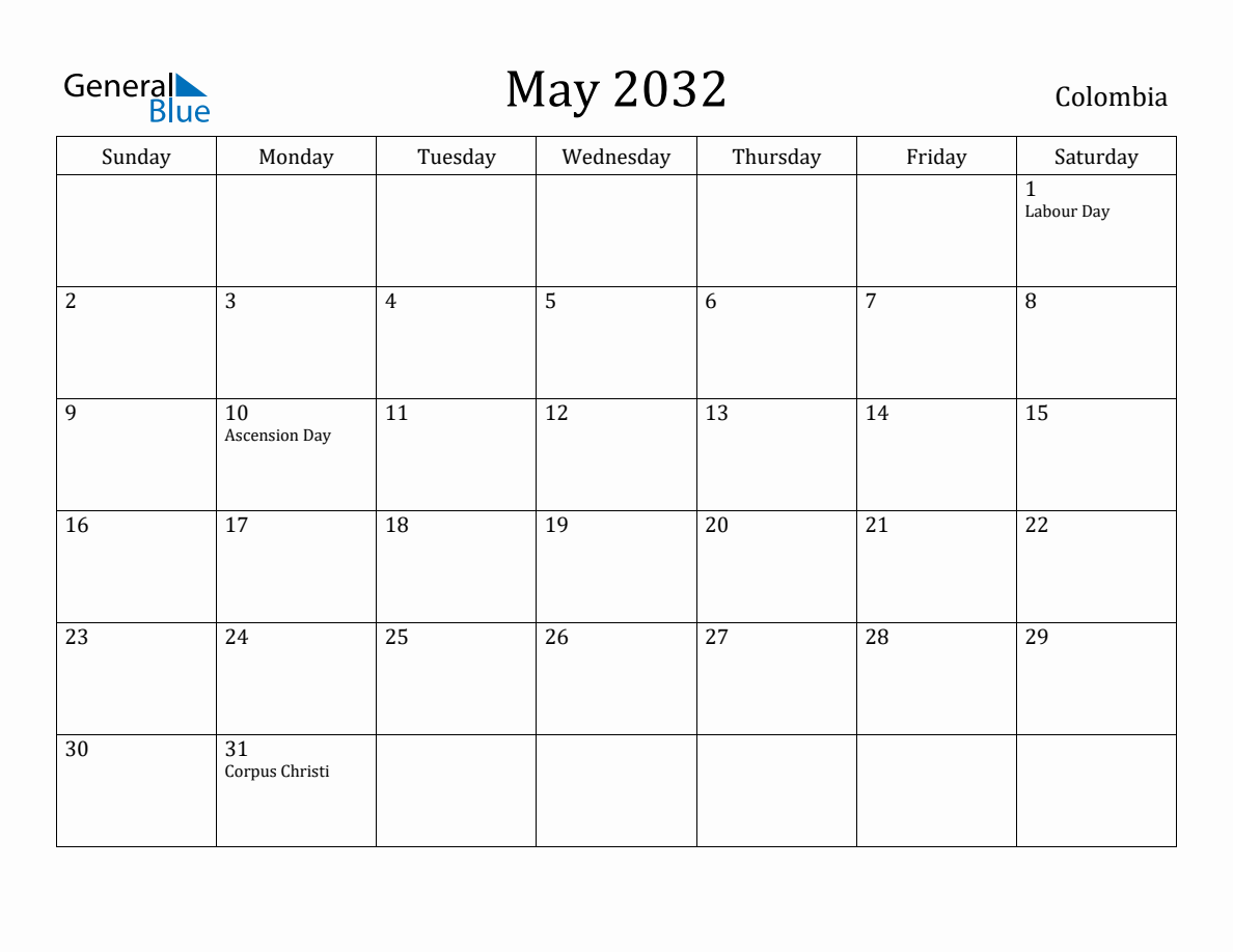 May 2032 Monthly Calendar with Colombia Holidays