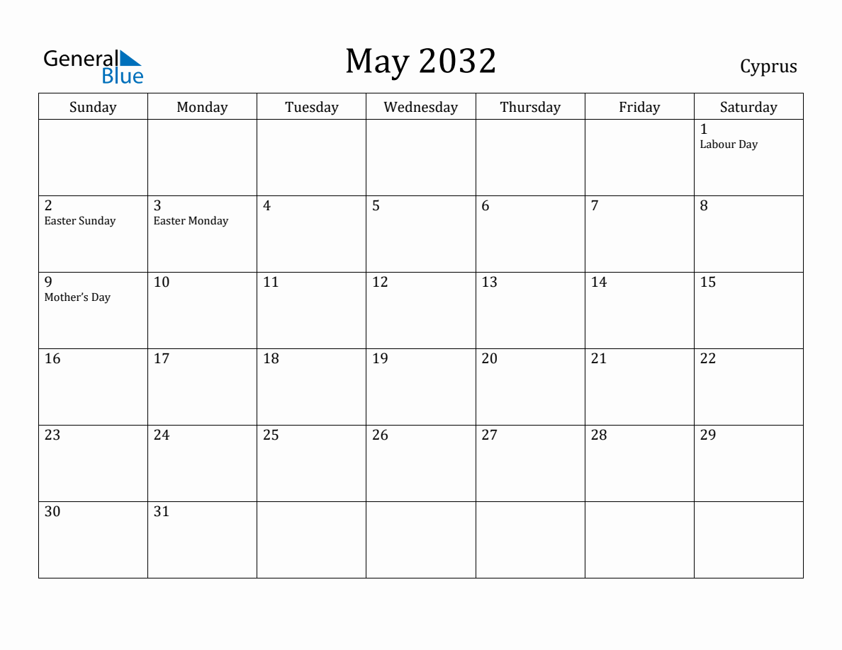 May 2032 Monthly Calendar with Cyprus Holidays