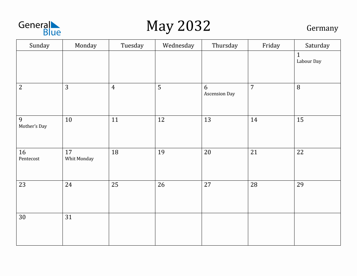 May 2032 Monthly Calendar with Germany Holidays