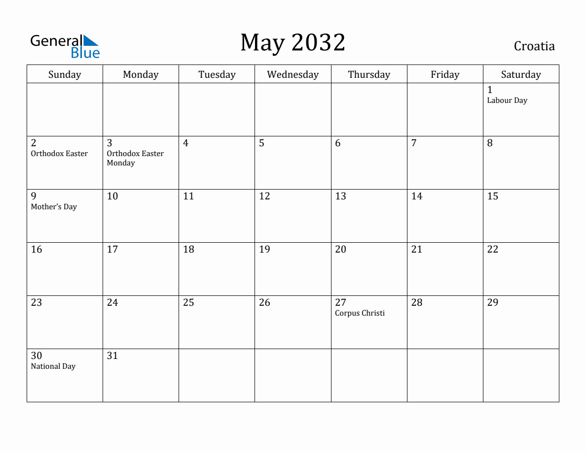 May 2032 Monthly Calendar with Croatia Holidays
