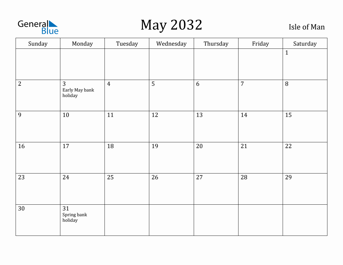 May 2032 Monthly Calendar with Isle of Man Holidays
