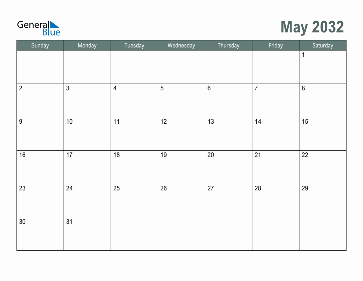Blank May 2032 Monthly Calendar Template