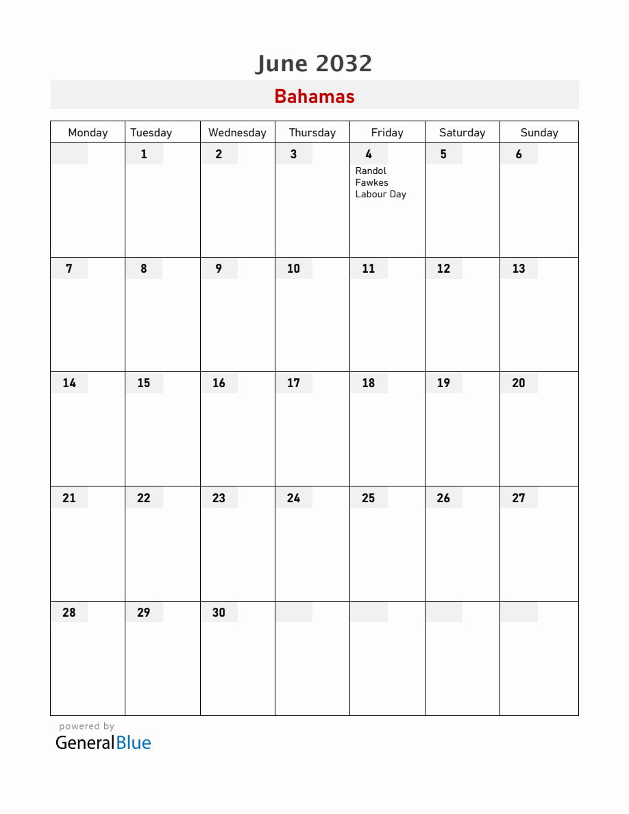 Bahamas June 2032 Calendar with Holidays