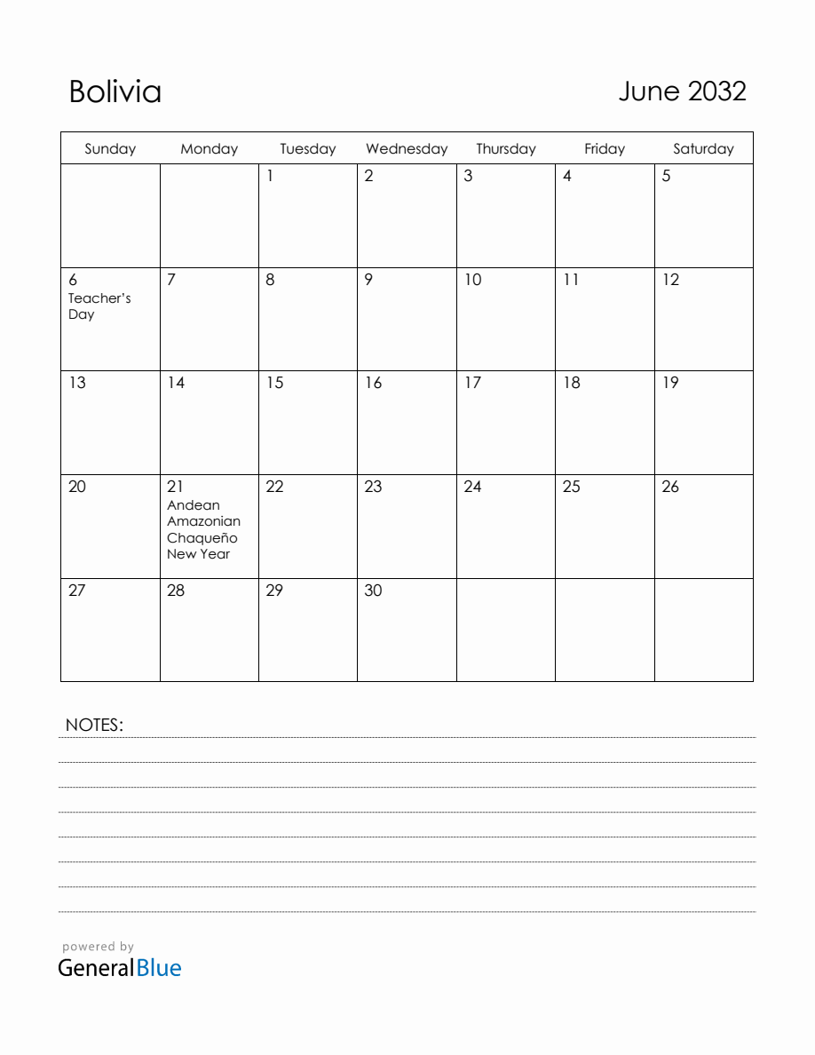 June 2032 Bolivia Calendar with Holidays