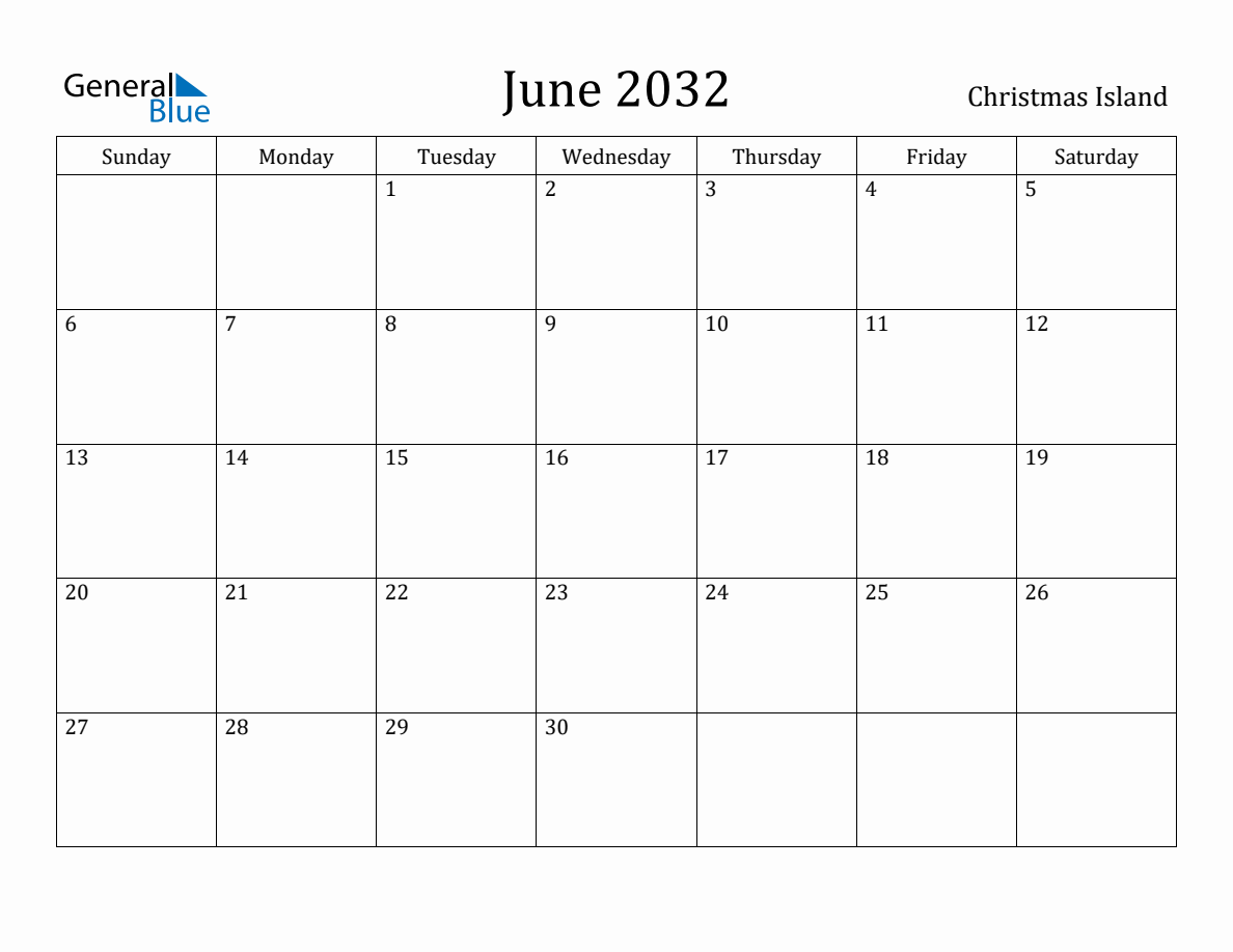 June 2032 Monthly Calendar with Christmas Island Holidays