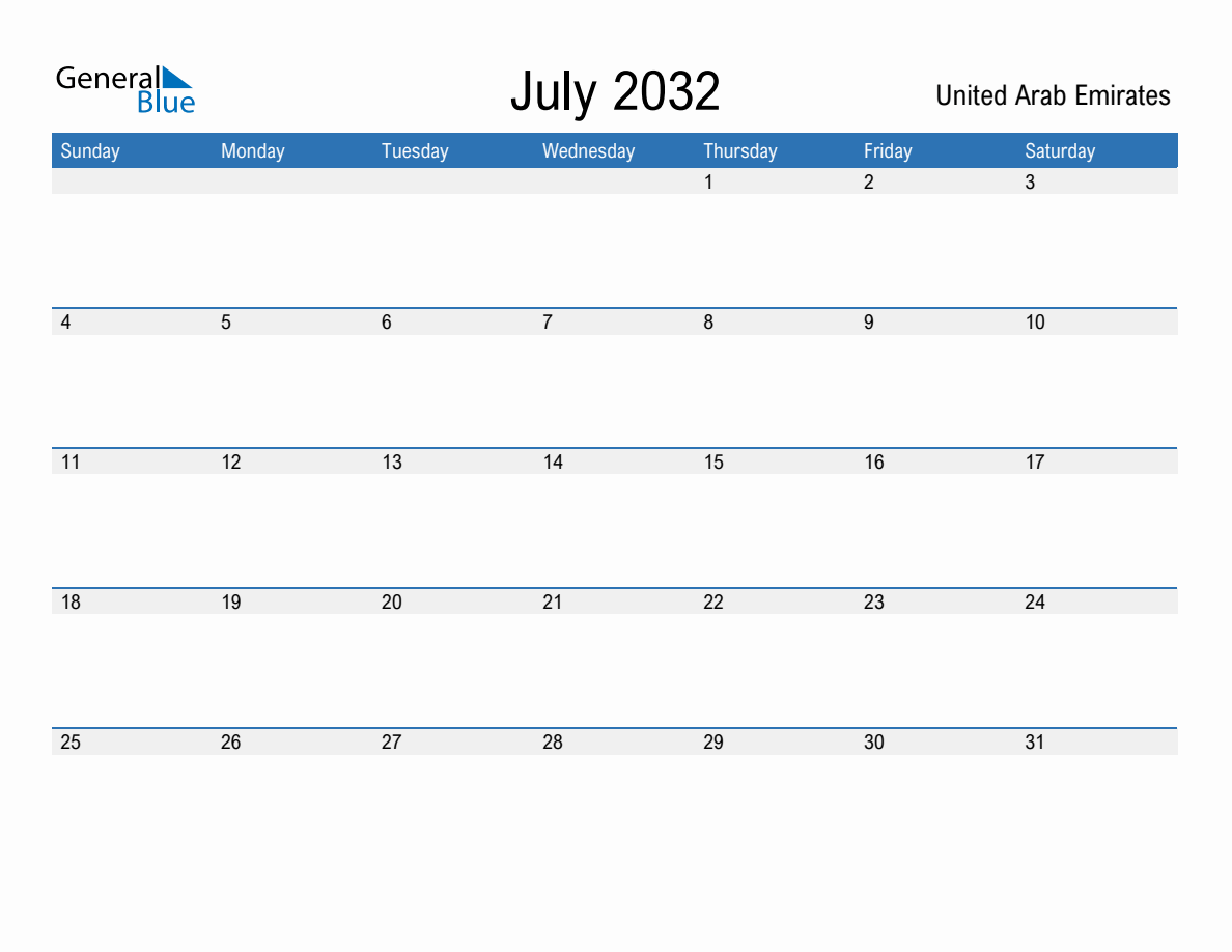 July 2032 Monthly Calendars with United Arab Emirates Holidays