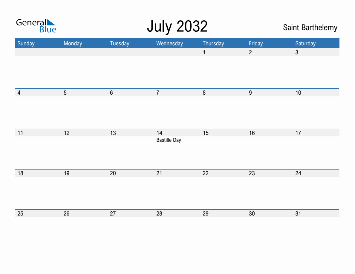 July 2032 Monthly Calendar with Saint Barthelemy Holidays