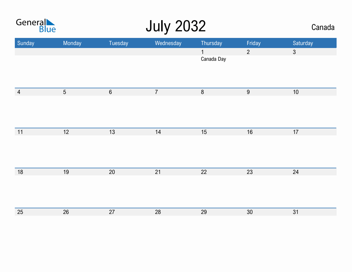 July 2032 Monthly Calendars with Canada Holidays