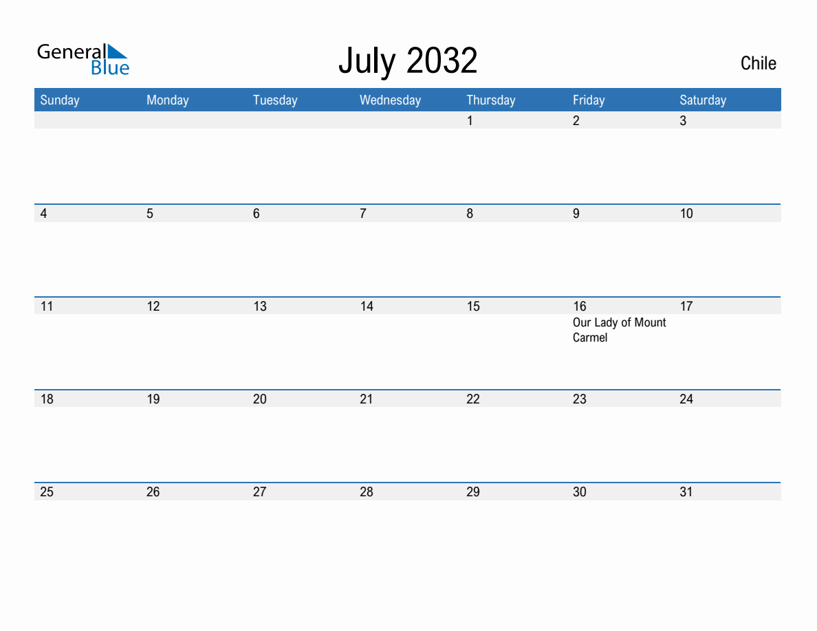 July 2032 Monthly Calendar with Chile Holidays