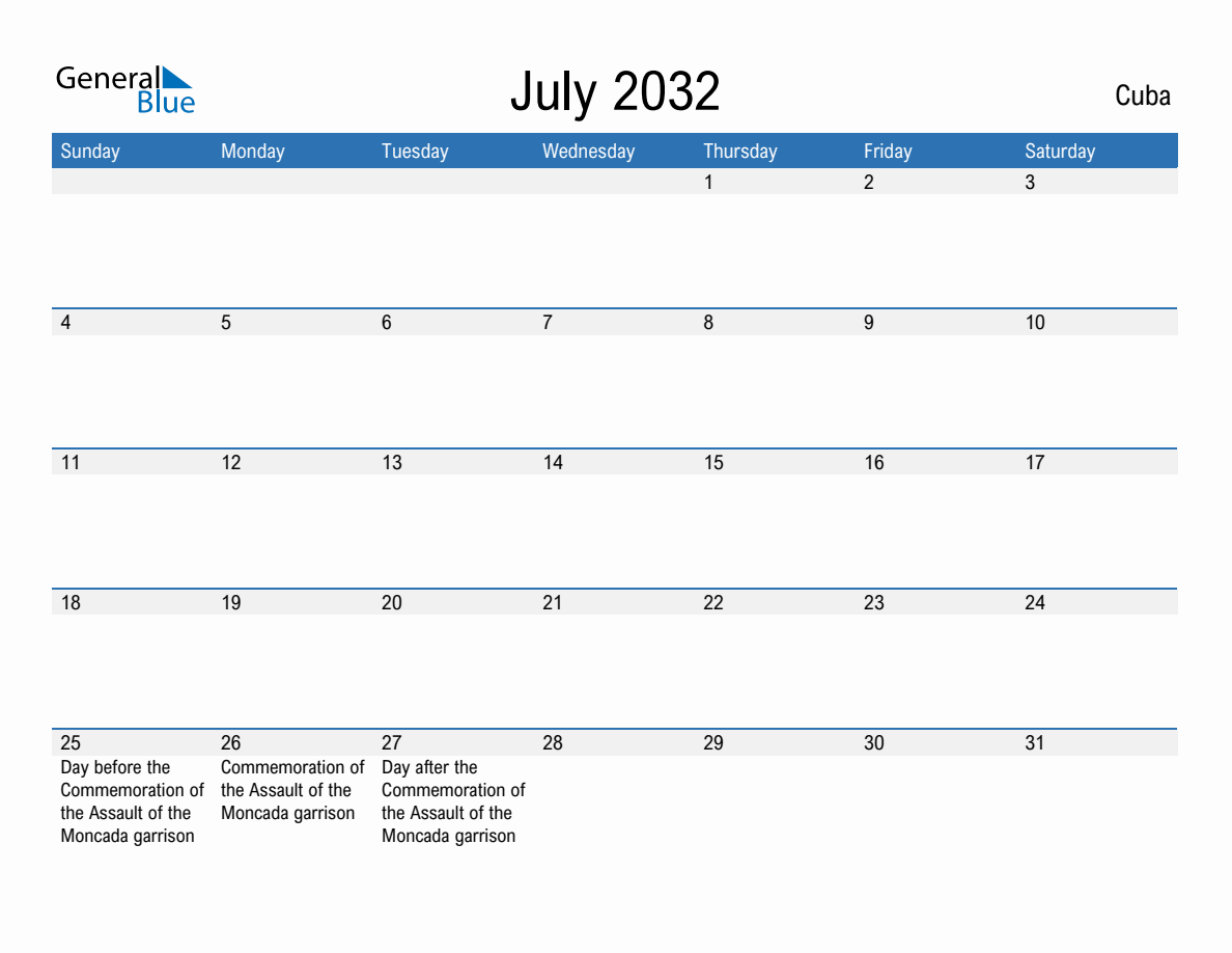 July 2032 Monthly Calendar with Cuba Holidays