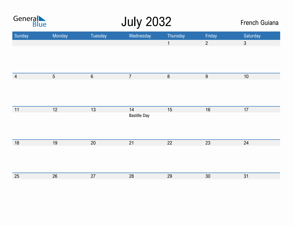 July 2032 Monthly Calendar with French Guiana Holidays