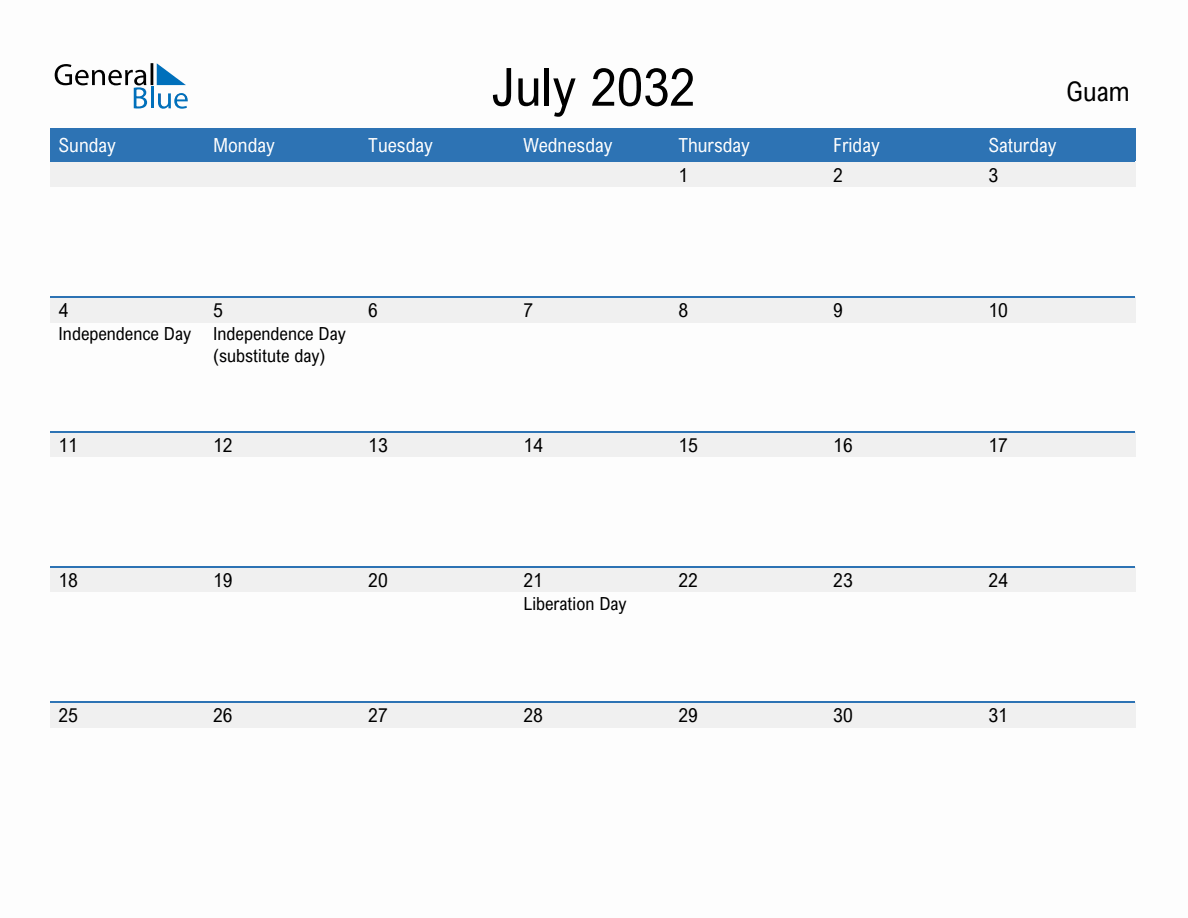 July 2032 Monthly Calendars with Guam Holidays