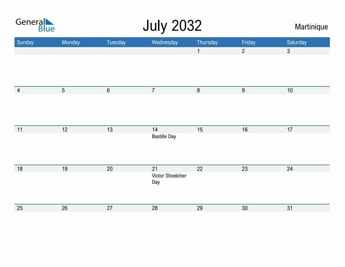 July 2032 Monthly Calendar with Martinique Holidays