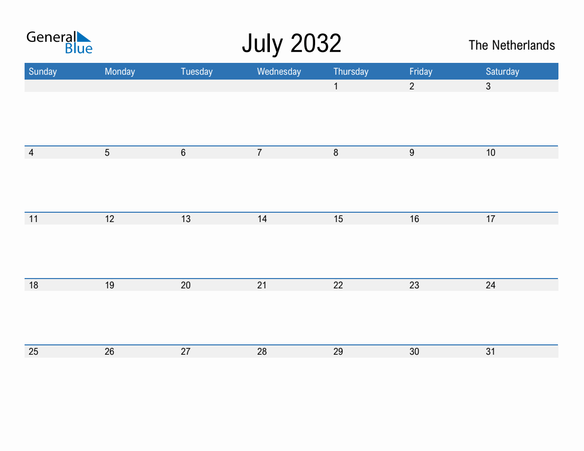 July 2032 Monthly Calendars with The Netherlands Holidays