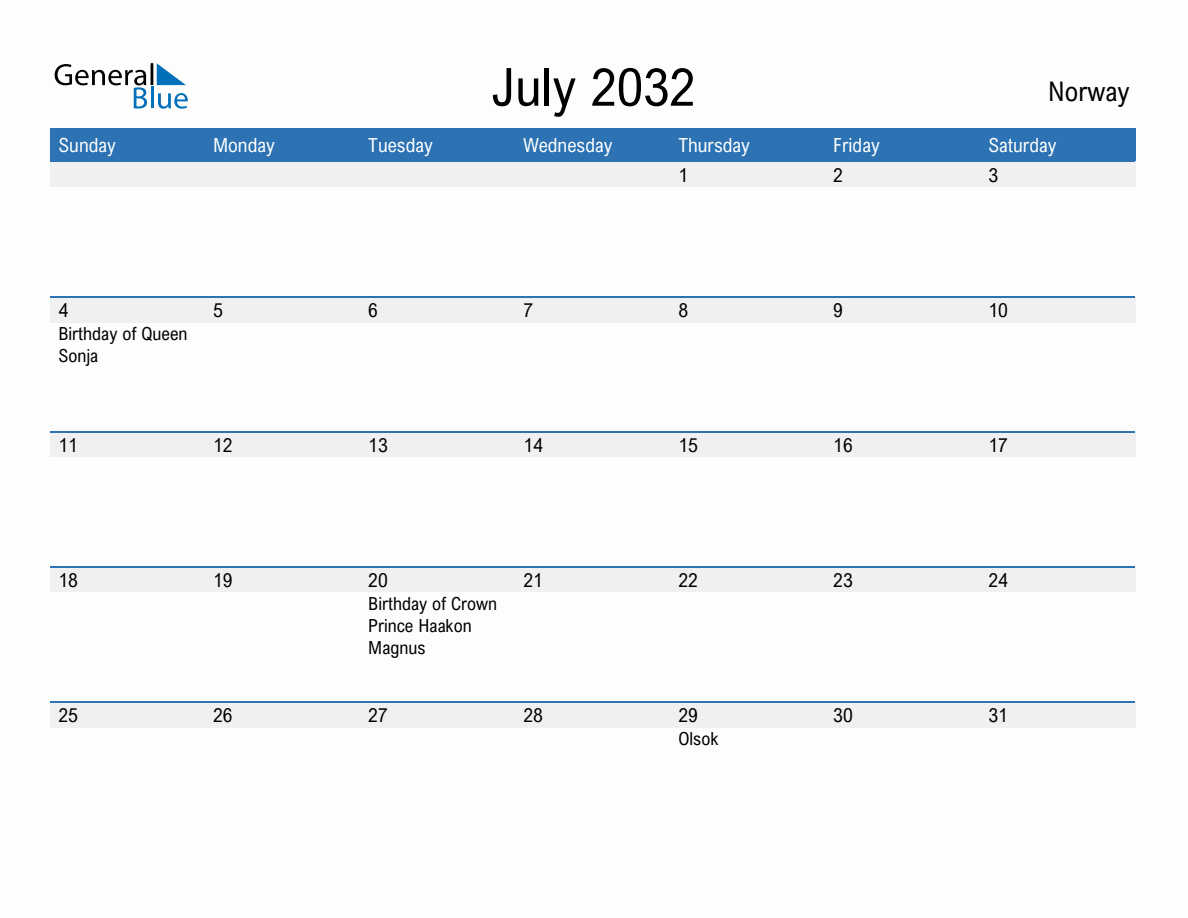 July 2032 Monthly Calendar with Norway Holidays