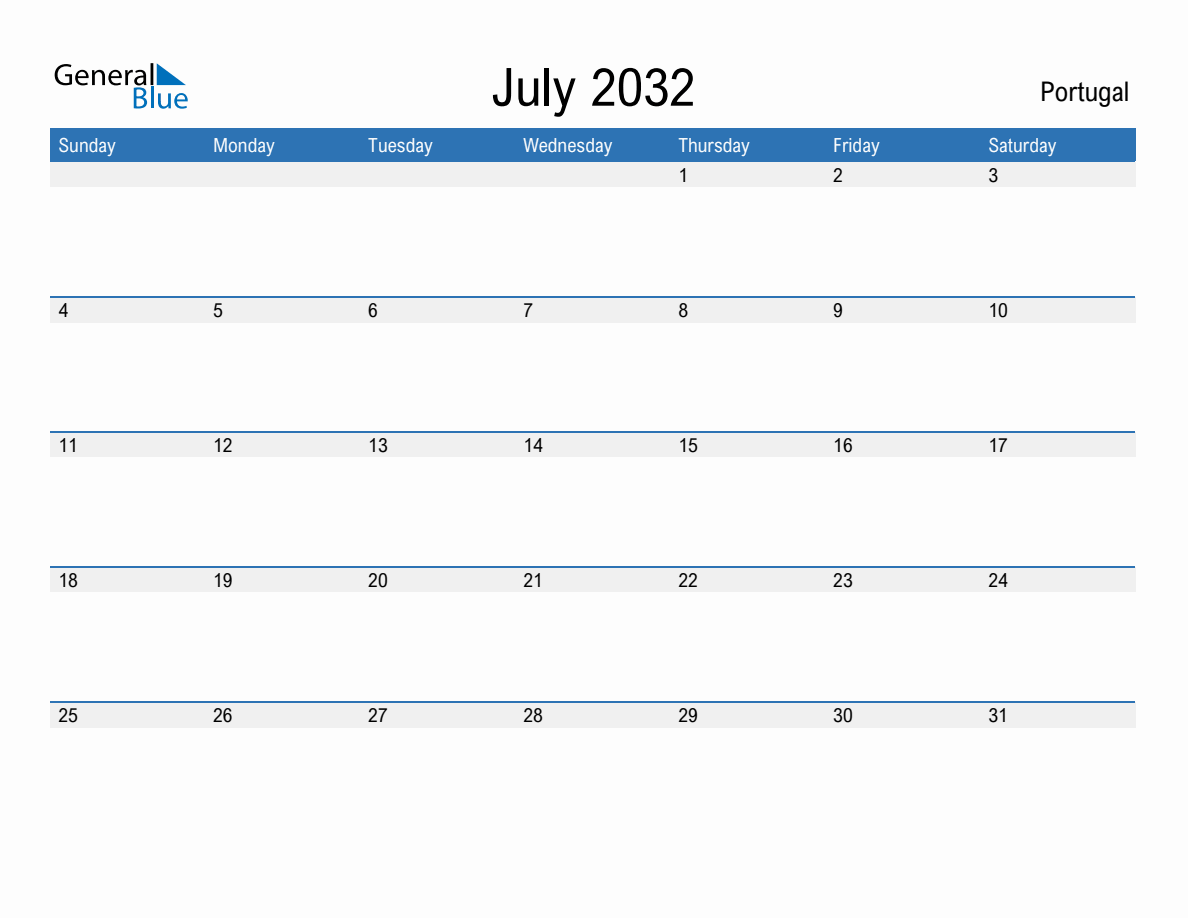 July 2032 Monthly Calendar with Portugal Holidays