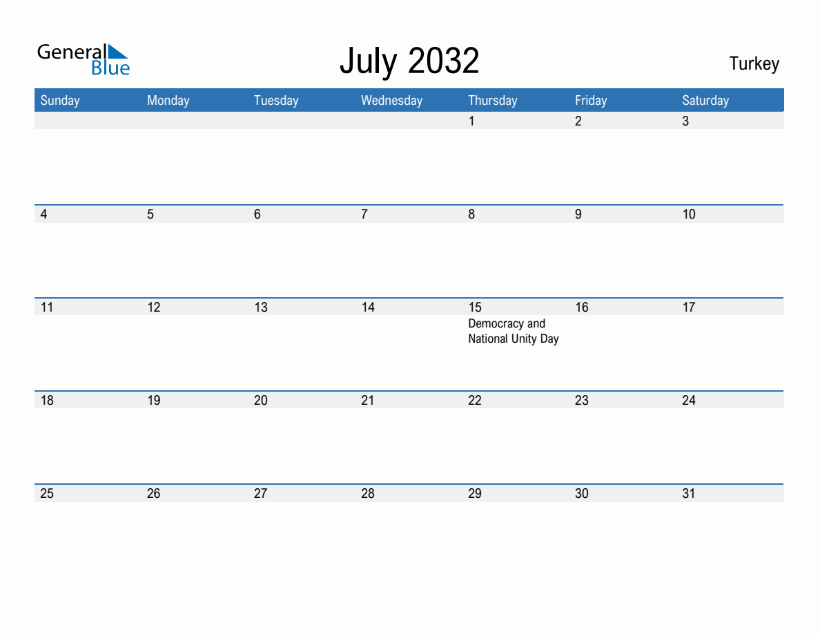 July 2032 Monthly Calendar with Turkey Holidays
