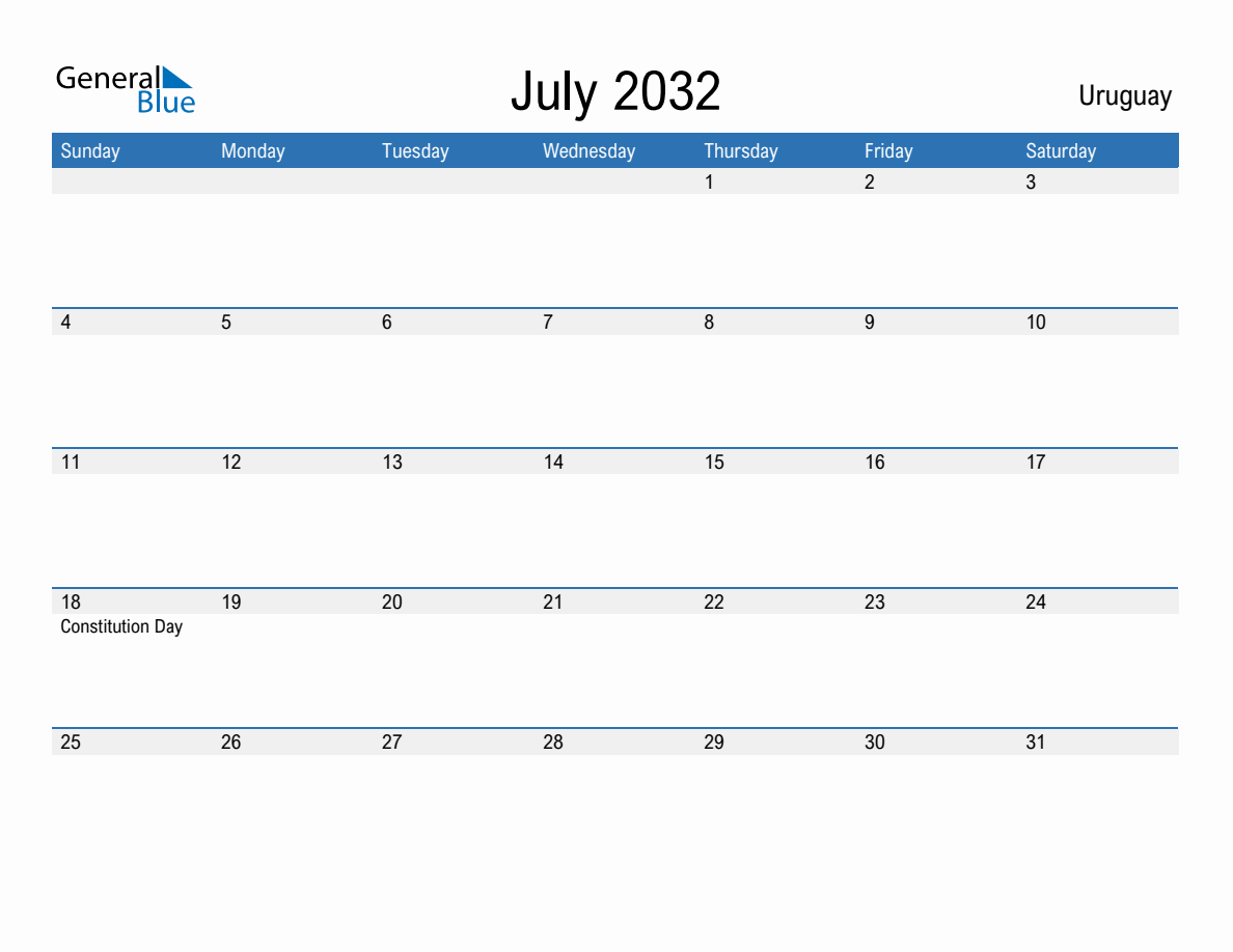 July 2032 Monthly Calendar with Uruguay Holidays