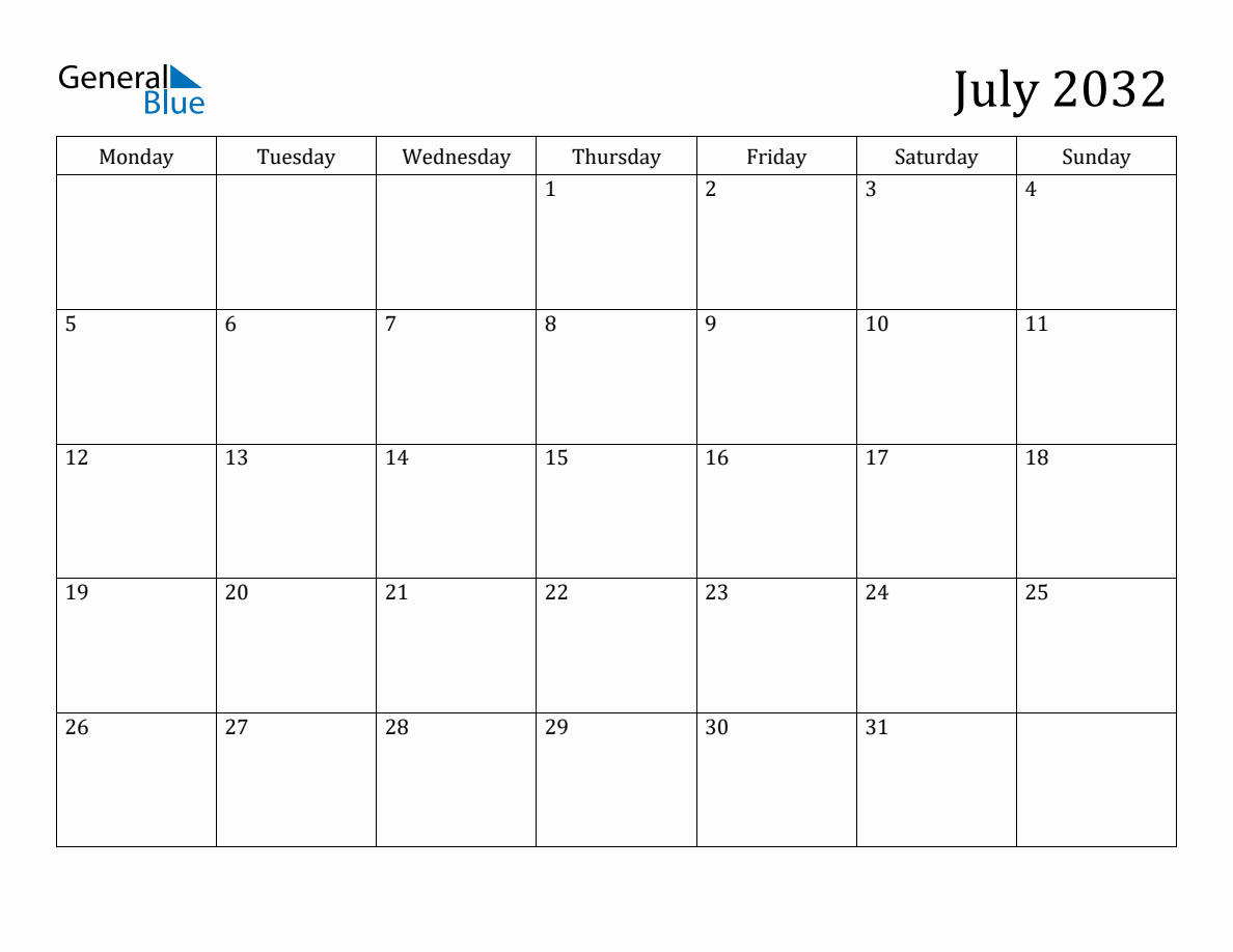 July 2032 Monday Start Calendar (PDF, Excel, Word)