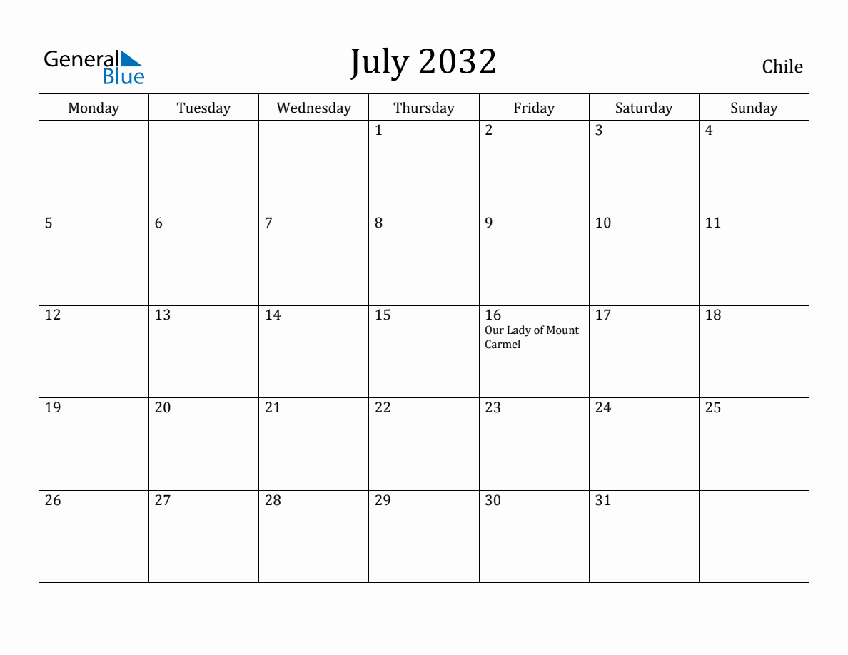 July 2032 - Chile Monthly Calendar with Holidays