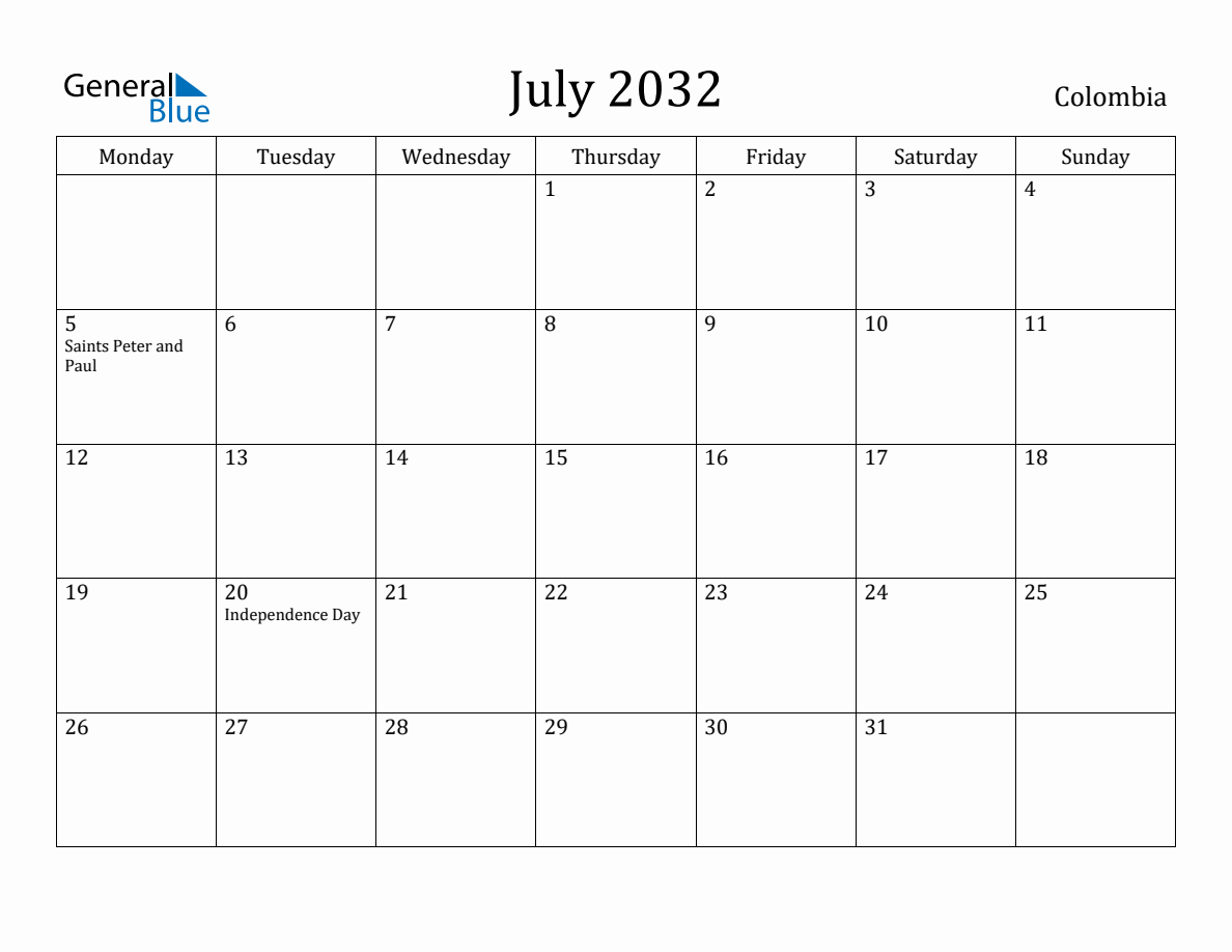 July 2032 - Colombia Monthly Calendar with Holidays