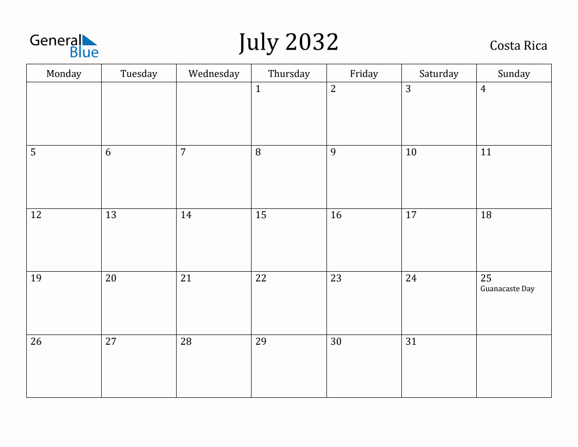 July 2032 Monthly Calendar with Costa Rica Holidays (Monday Start)