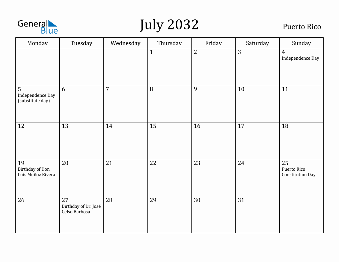 July 2032 Monthly Calendar with Puerto Rico Holidays (Monday Start)