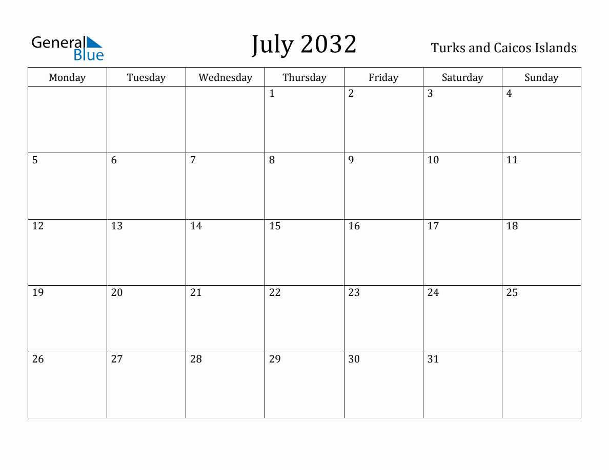 July 2032 Monthly Calendar with Turks and Caicos Islands Holidays ...