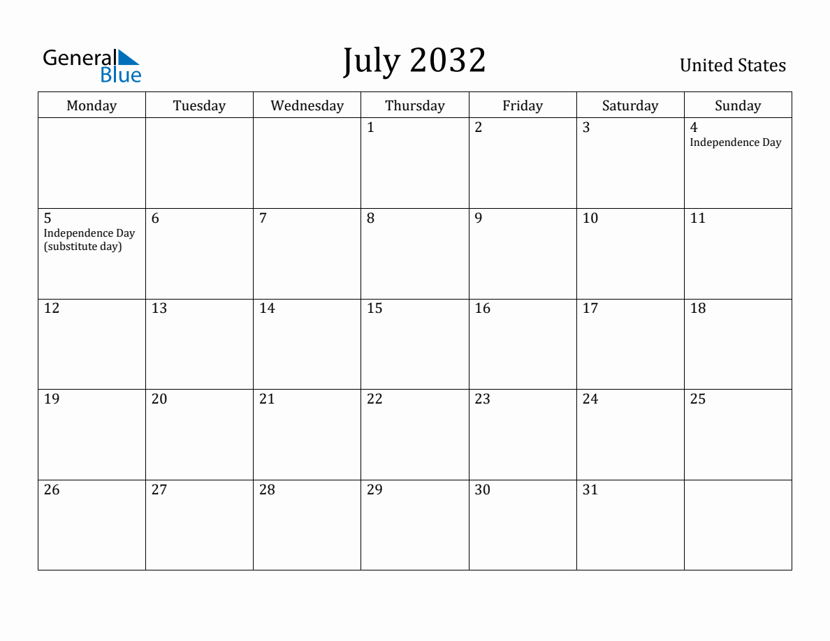 United States Monthly Calendar - July 2032 (Monday Start)