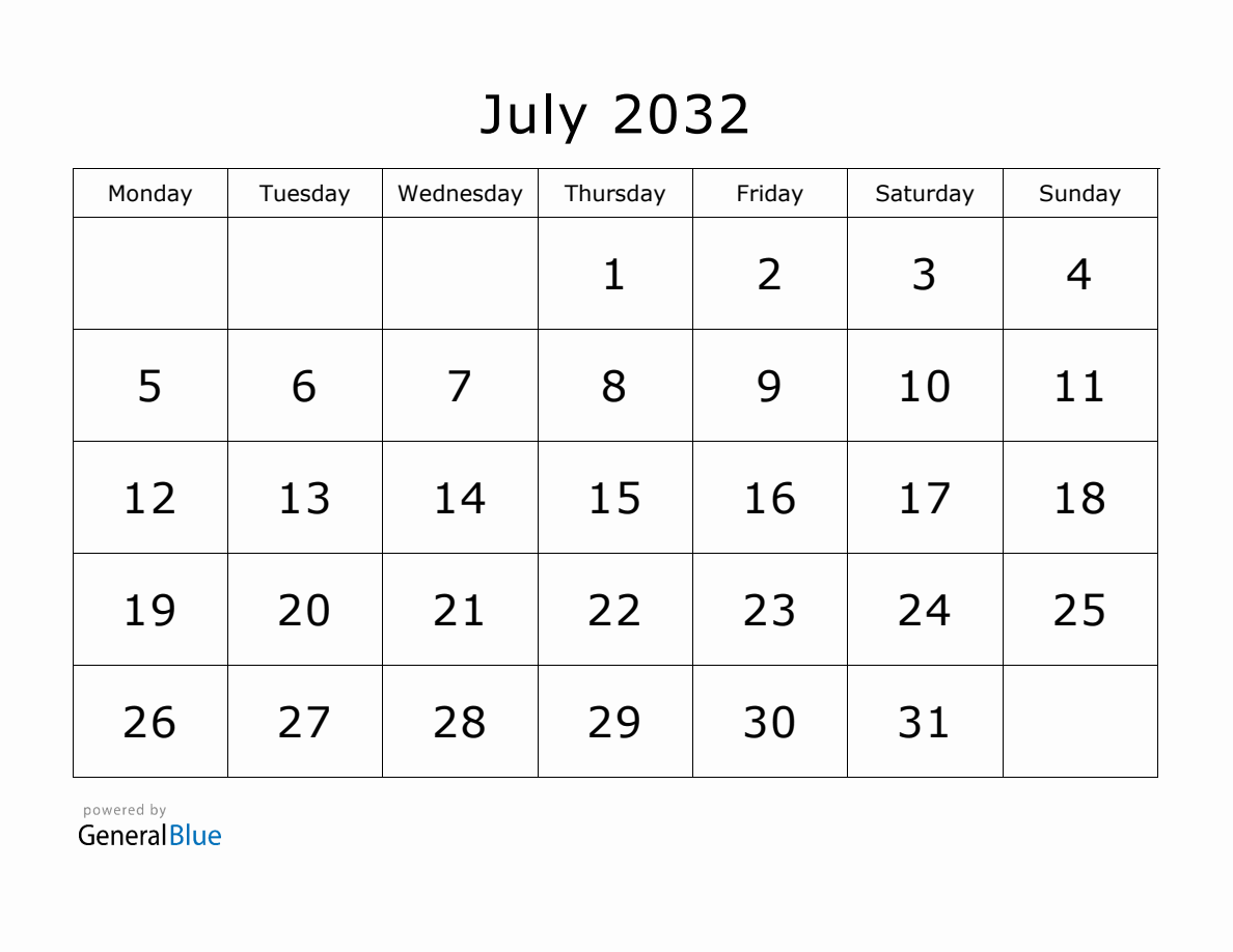 Printable July 2032 Calendar - Monday Start