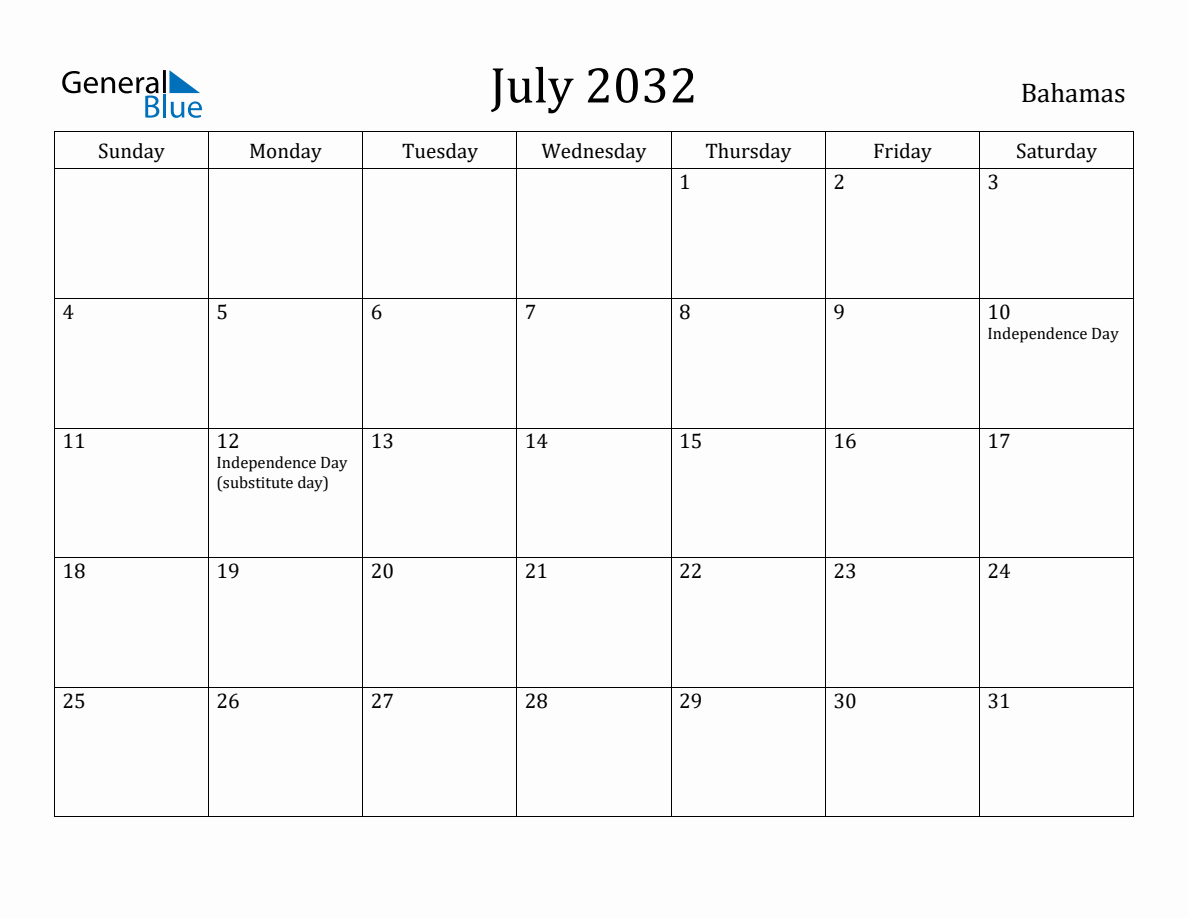 July 2032 Monthly Calendar with Bahamas Holidays
