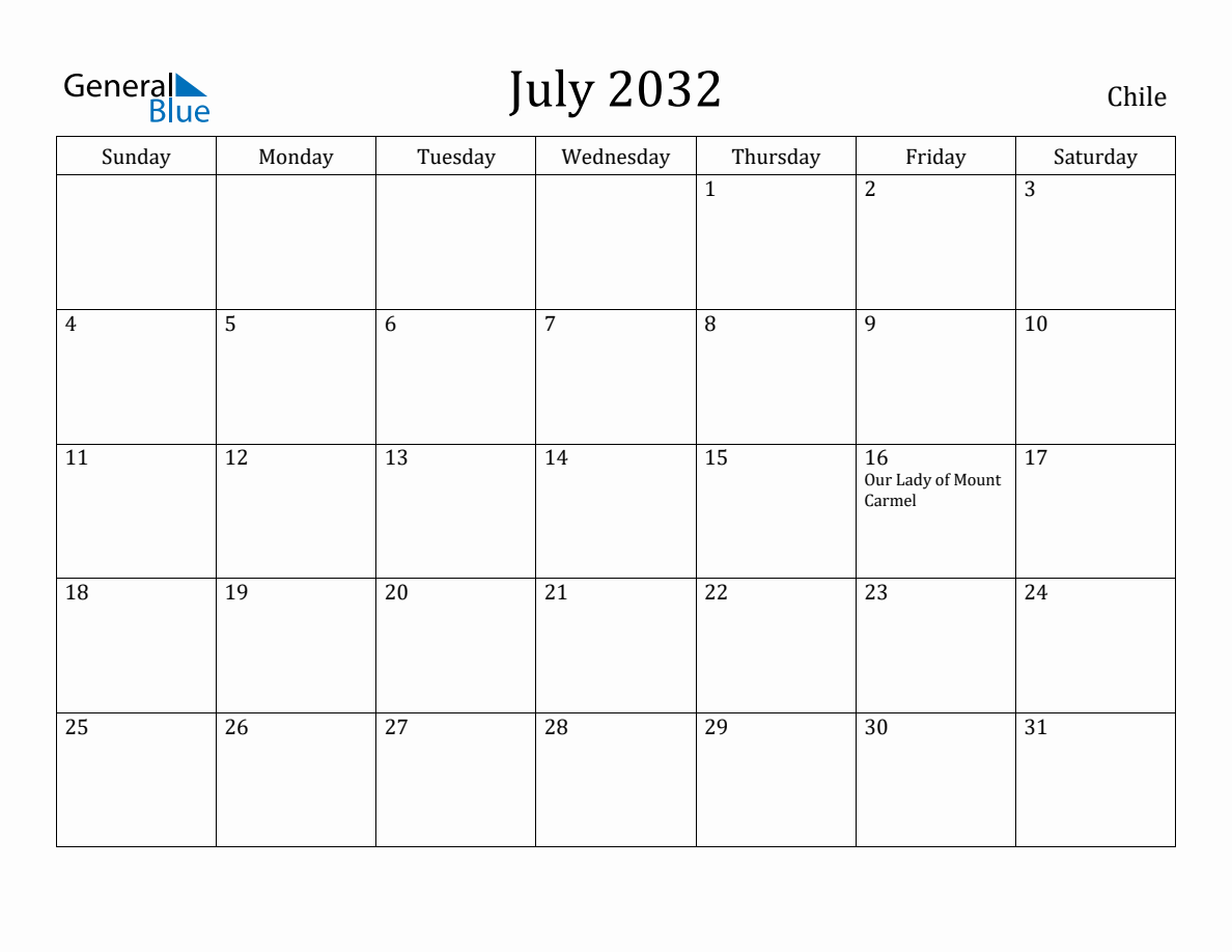 July 2032 Monthly Calendar with Chile Holidays