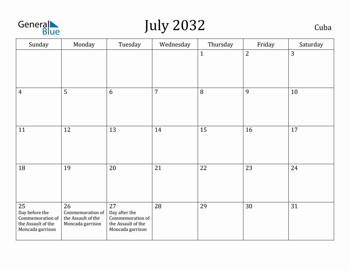 July 2032 Monthly Calendar with Cuba Holidays