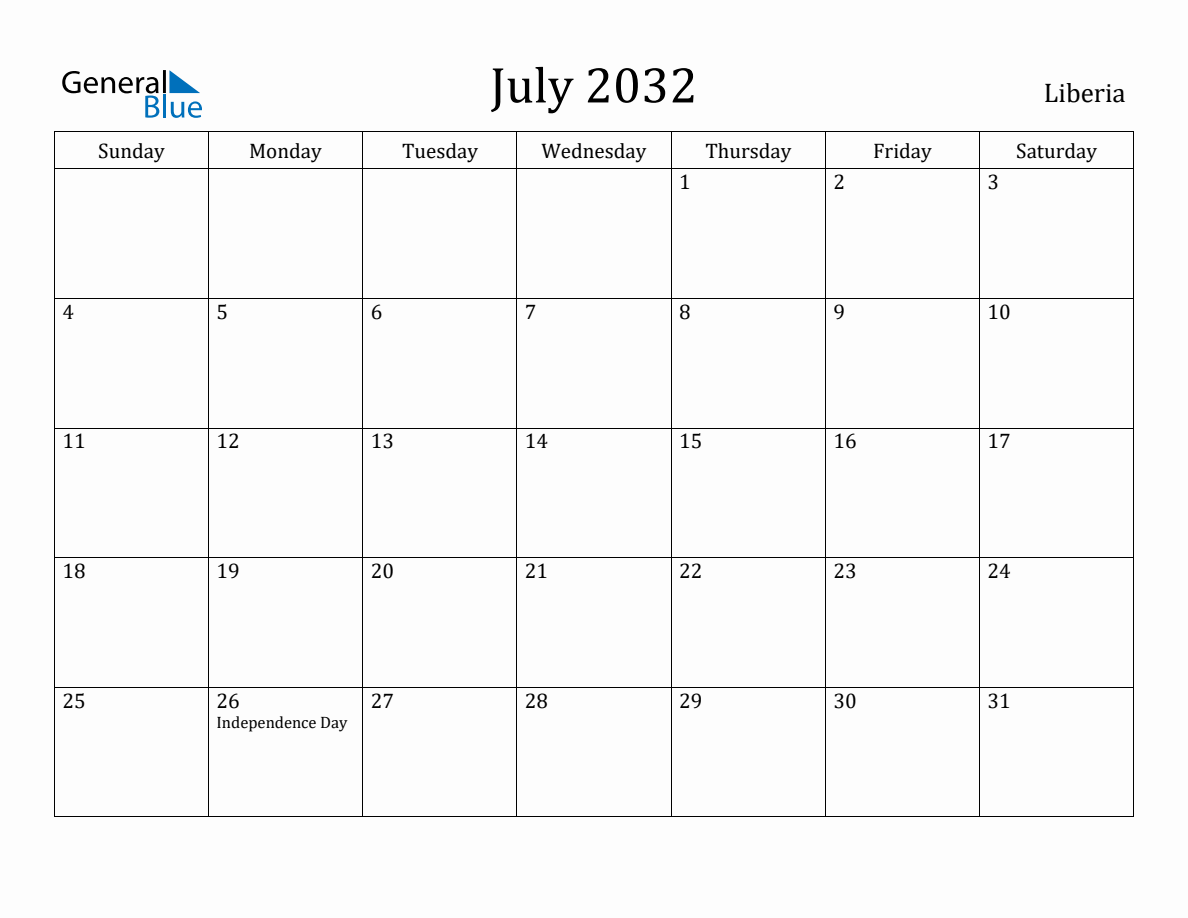 July 2032 Monthly Calendar with Liberia Holidays
