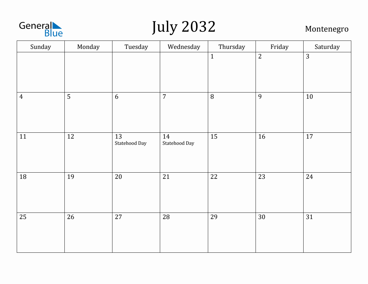 July 2032 Monthly Calendar with Montenegro Holidays