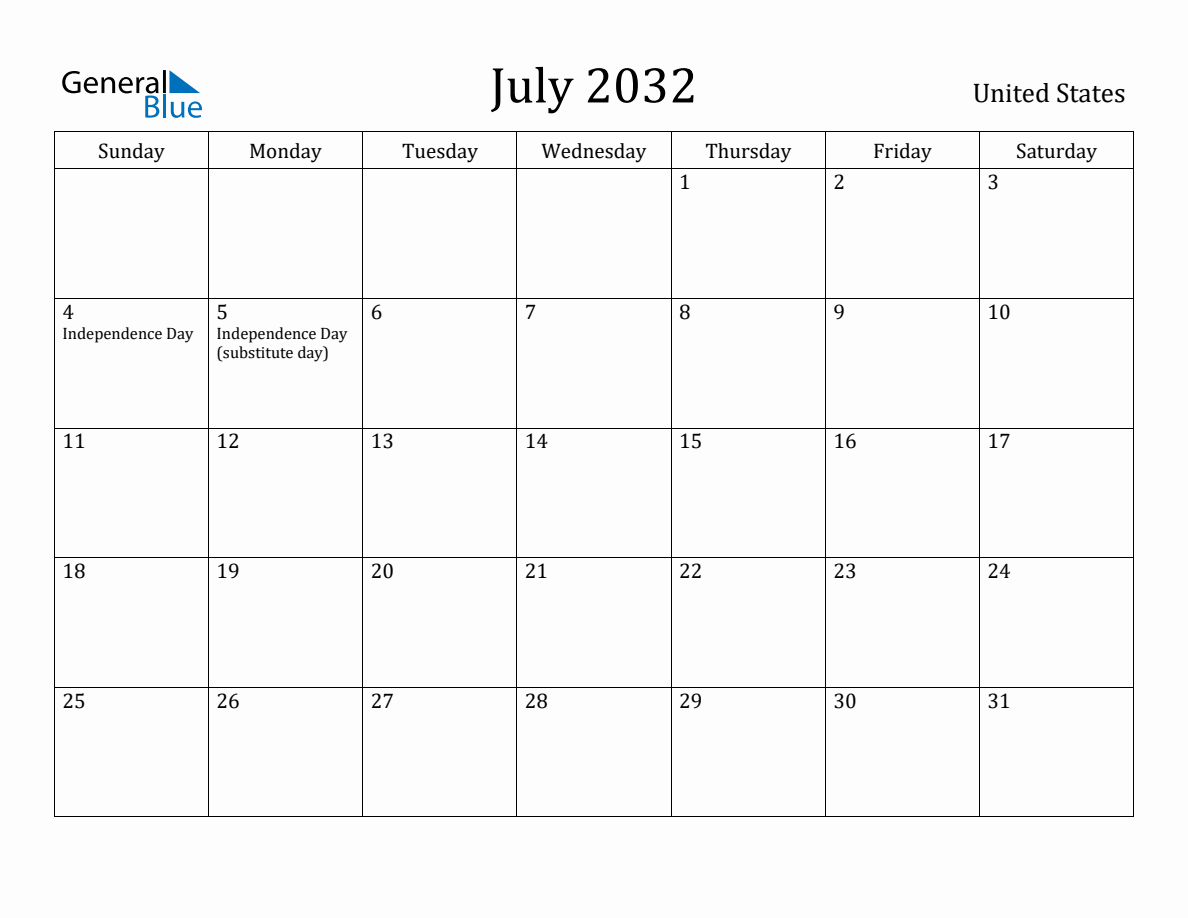 July 2032 Monthly Calendar with United States Holidays
