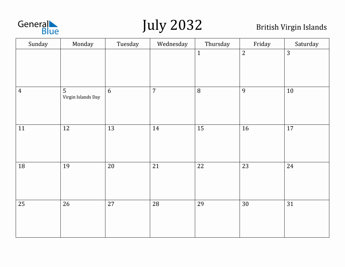 July 2032 Monthly Calendar with British Virgin Islands Holidays