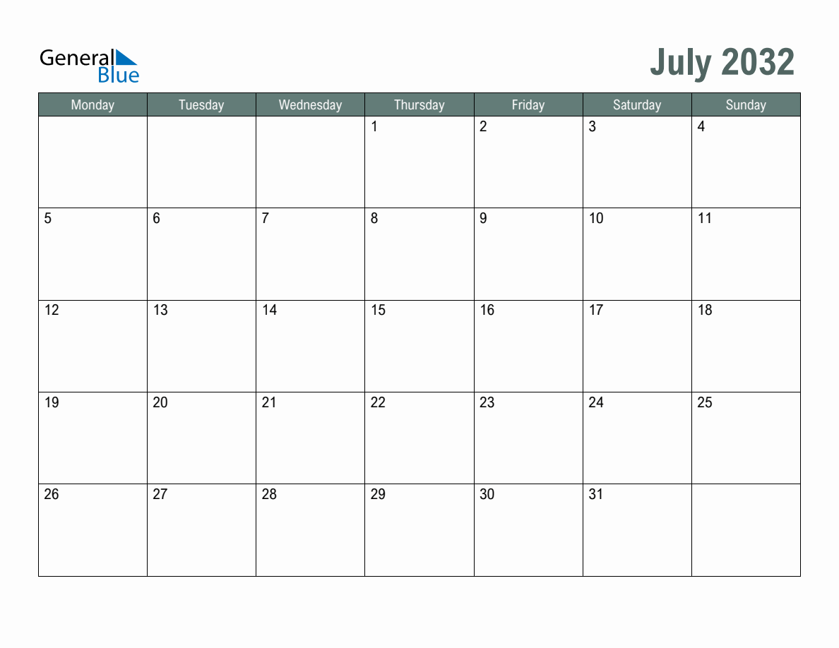 Blank July 2032 Monthly Calendar Template - Monday Start