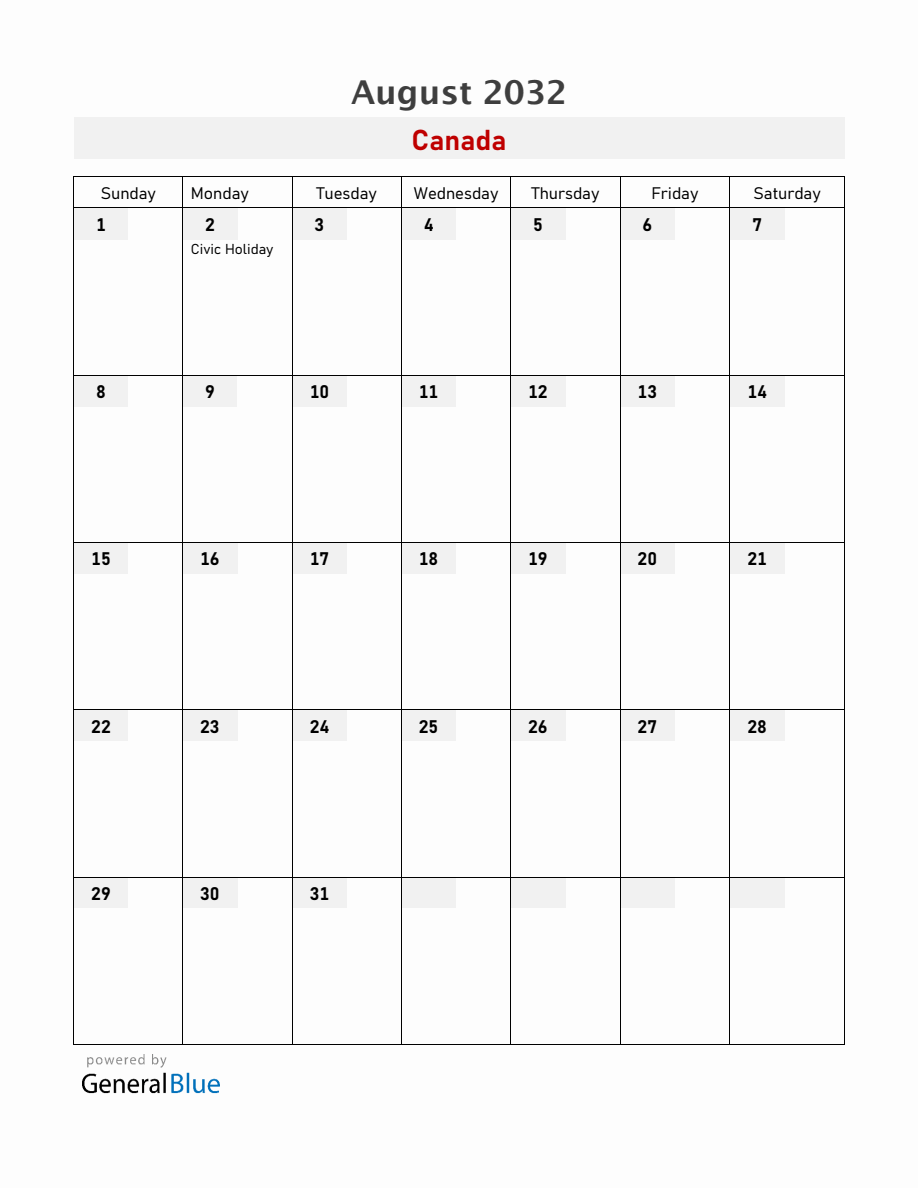Canada August 2032 Calendar with Holidays