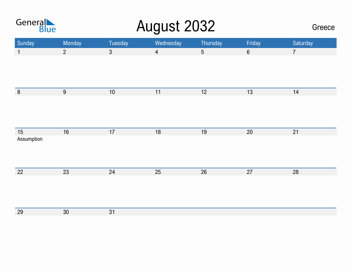 August 2032 Monthly Calendar with Greece Holidays