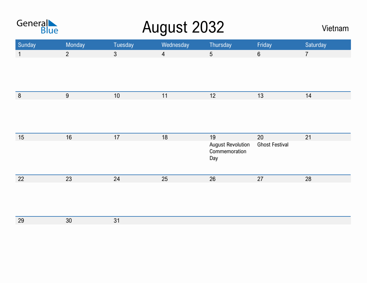 August 2032 Monthly Calendars with Vietnam Holidays