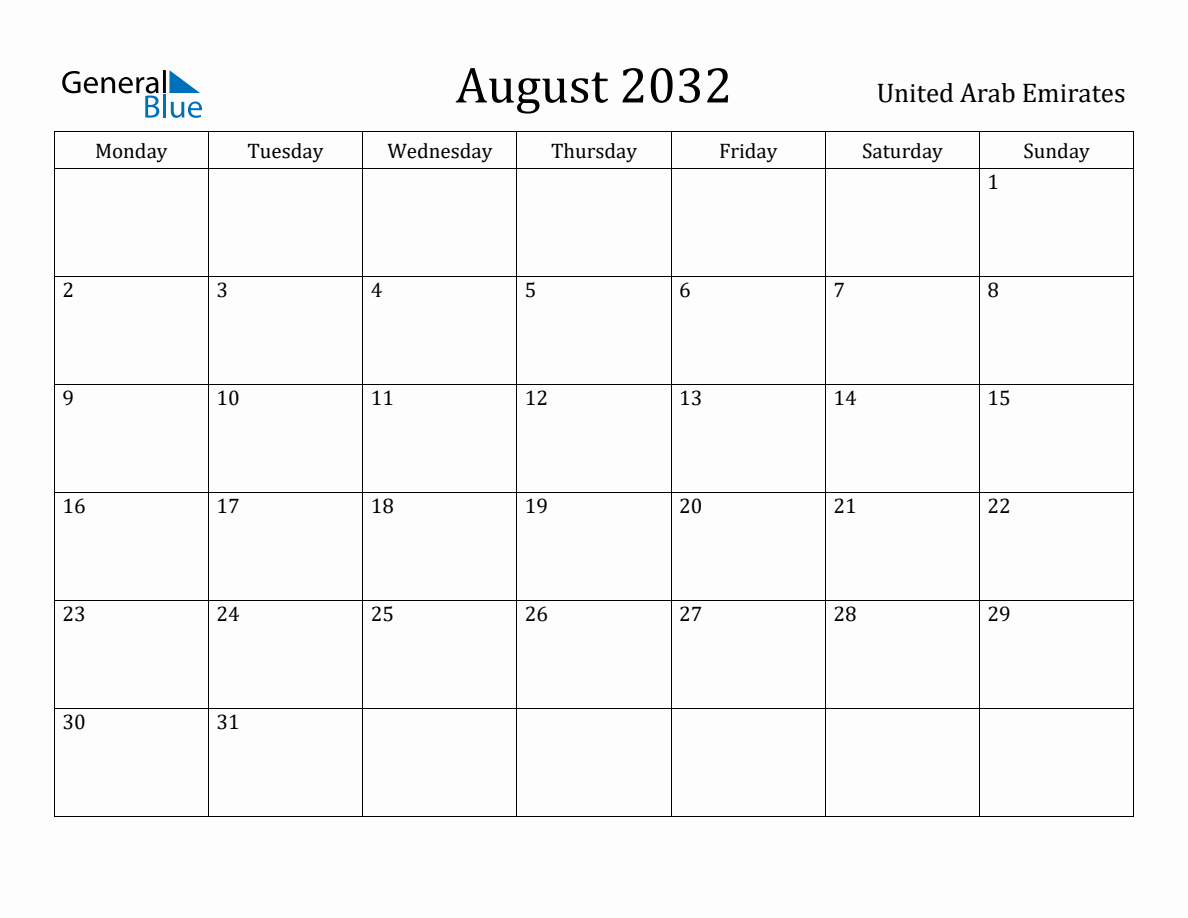 United Arab Emirates Monthly Calendar - August 2032 (Monday Start)