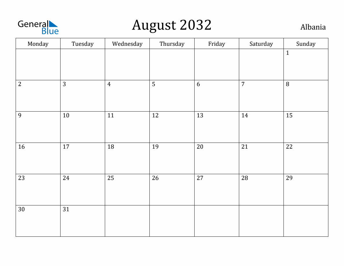 August 2032 Monthly Calendar with Albania Holidays