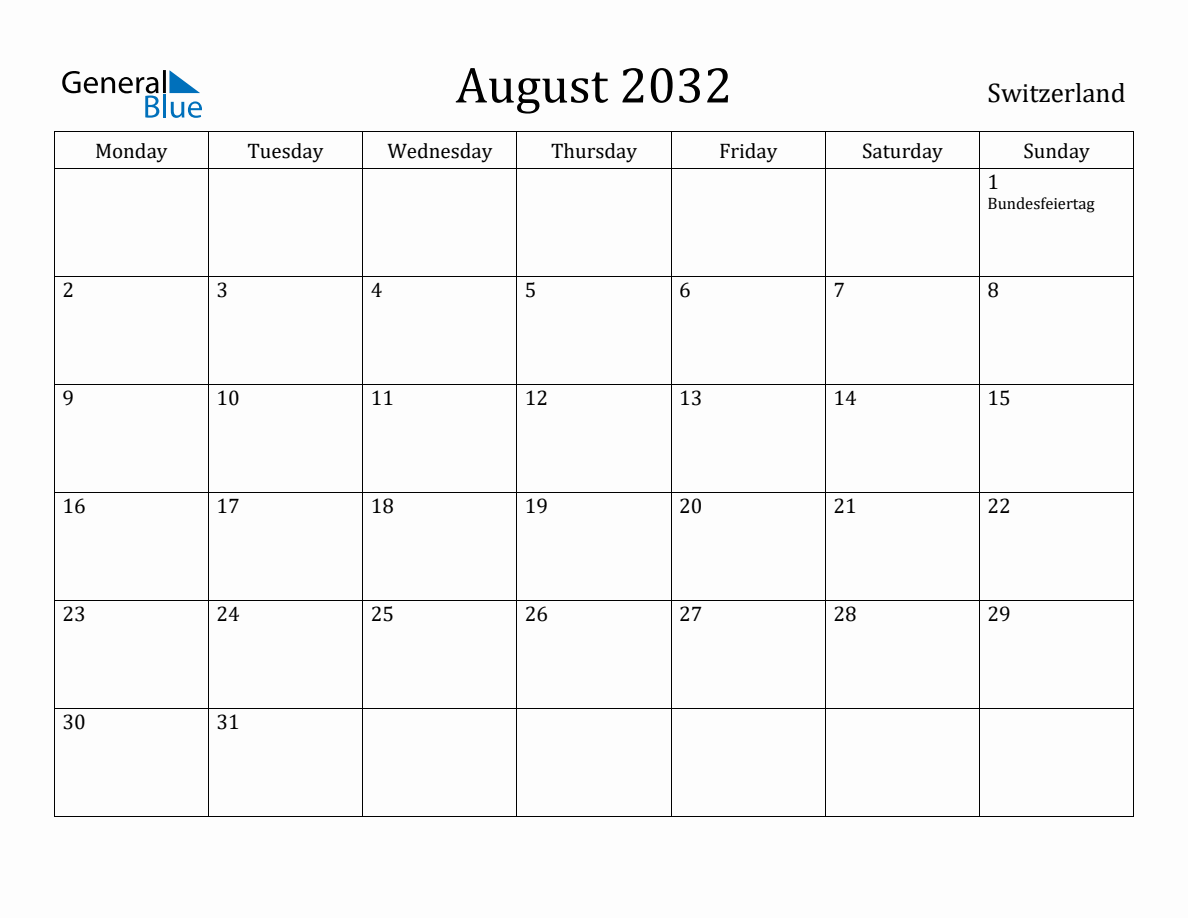 August 2032 - Switzerland Monthly Calendar with Holidays