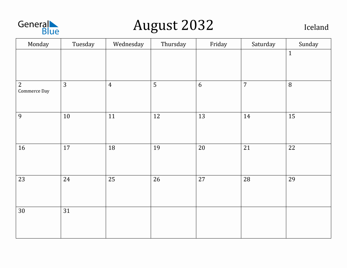 August 2032 - Iceland Monthly Calendar with Holidays