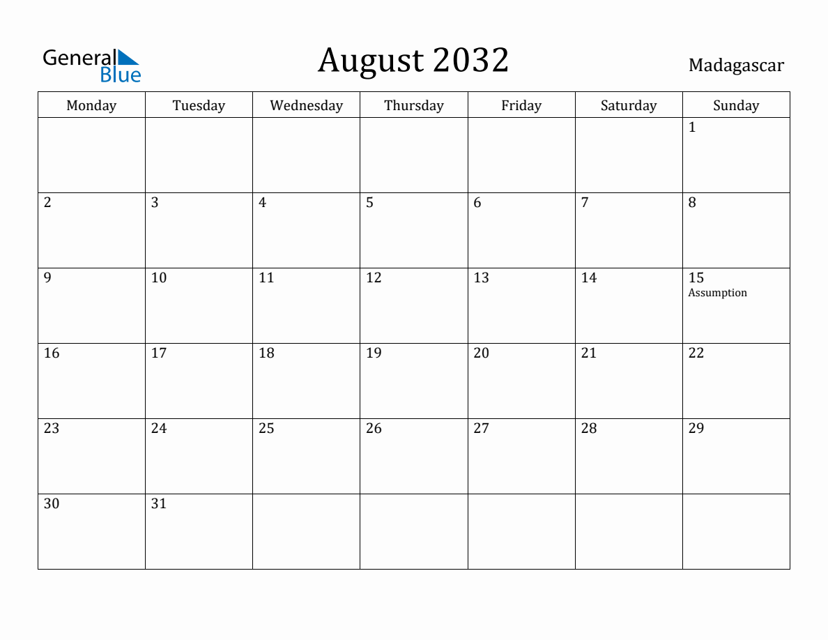 August 2032 - Madagascar Monthly Calendar with Holidays
