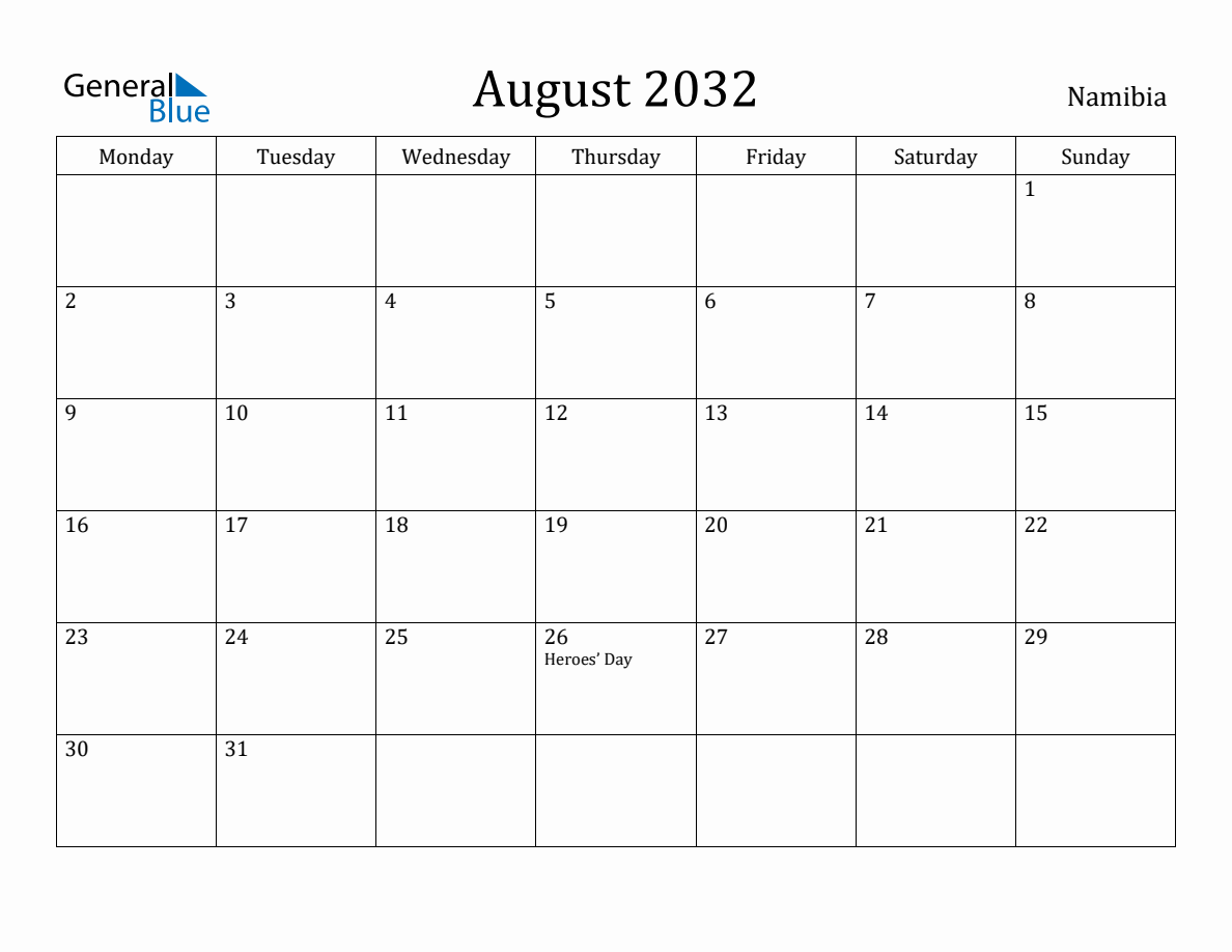 August 2032 - Namibia Monthly Calendar with Holidays